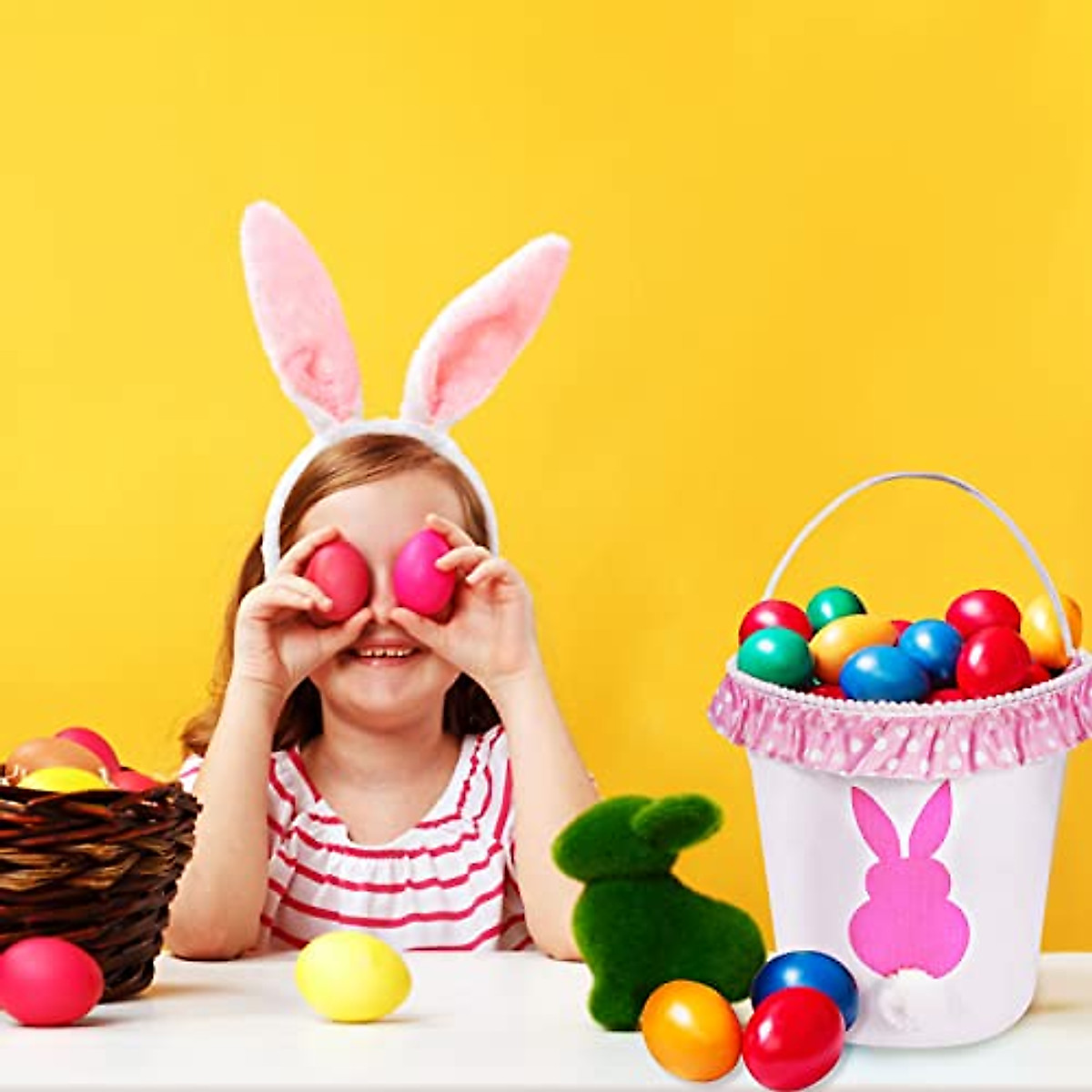 Easter Baskets Bags Empty Bulk For Kids Girls Toddler Bunny Eggs Hunt Bags with Fluffy Tail Pink Canvas Rabbit Toys Personalized Handbag Toys Bucket Tote Bag Candies Storage Gifts with Handles (Pink)