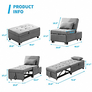 Mjkone 4-in-1 Sleeper Chair with Adjustable Backrest with Free Pillow, Pull Out Sofa Couch Bed with Memory Foam for Compact Living Room (No Assemble Need,Light Grey)