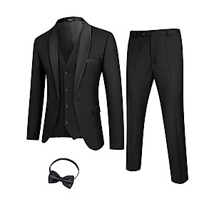 COOFANDY Mens Slim Fit 3 Piece One Button Business Wedding Prom Suits Blazer Tux Vest & Trousers Black X-Large