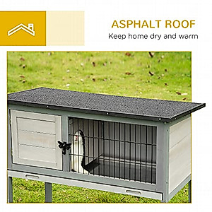 PawHut Elevated Wooden Rabbit Hutch, Indoor/Outdoor Bunny Cage with Hinged Asphalt Roof and Removable Tray for Guinea Pig, Grey