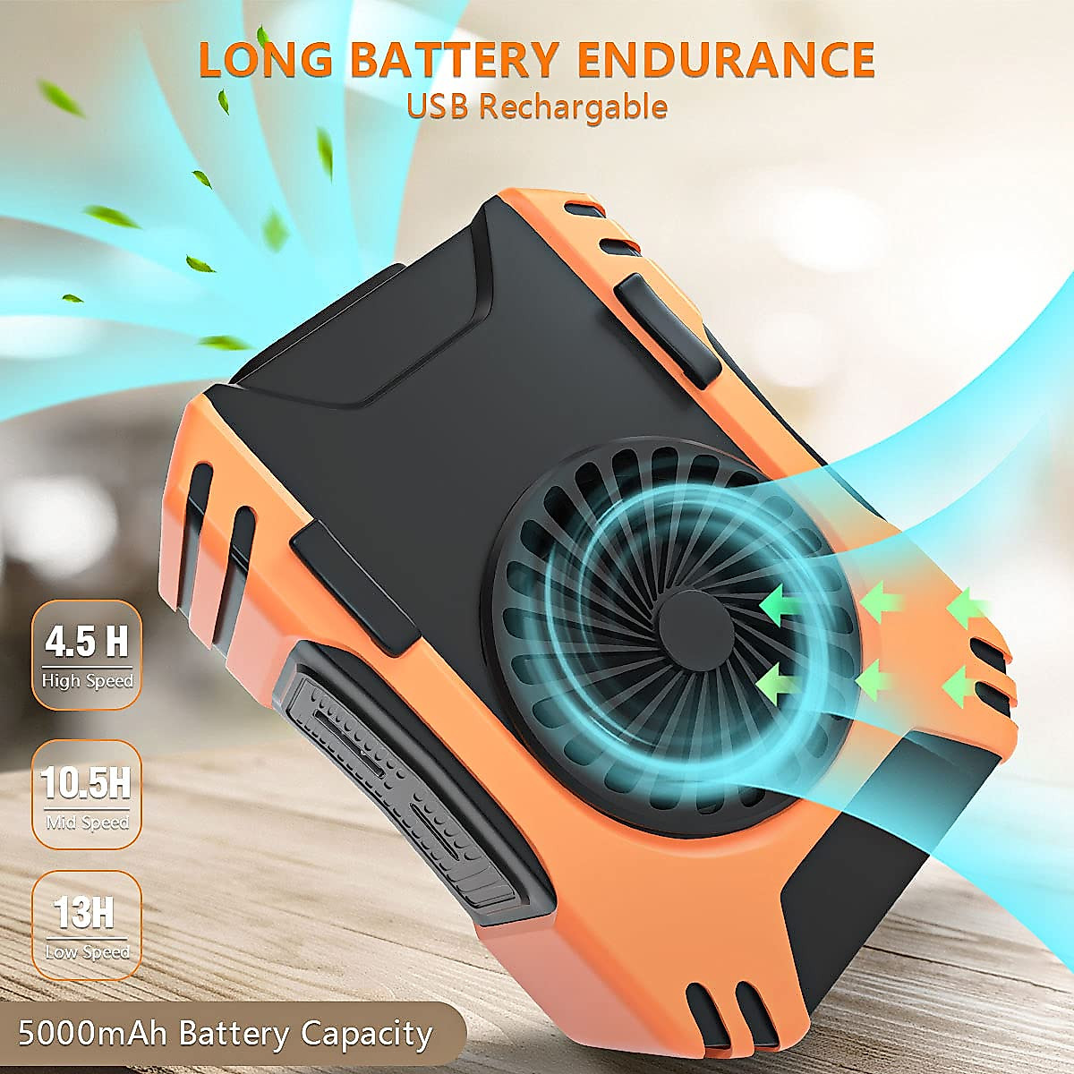 Cof 4-in-1 Waist Clip on Fan Portable Personal Fan, USB Mini Necklace Fan, 3 Speeds, 5000mAh Rechargeable Battery Operated Fan for Outdoor Camping with LED SOS Function