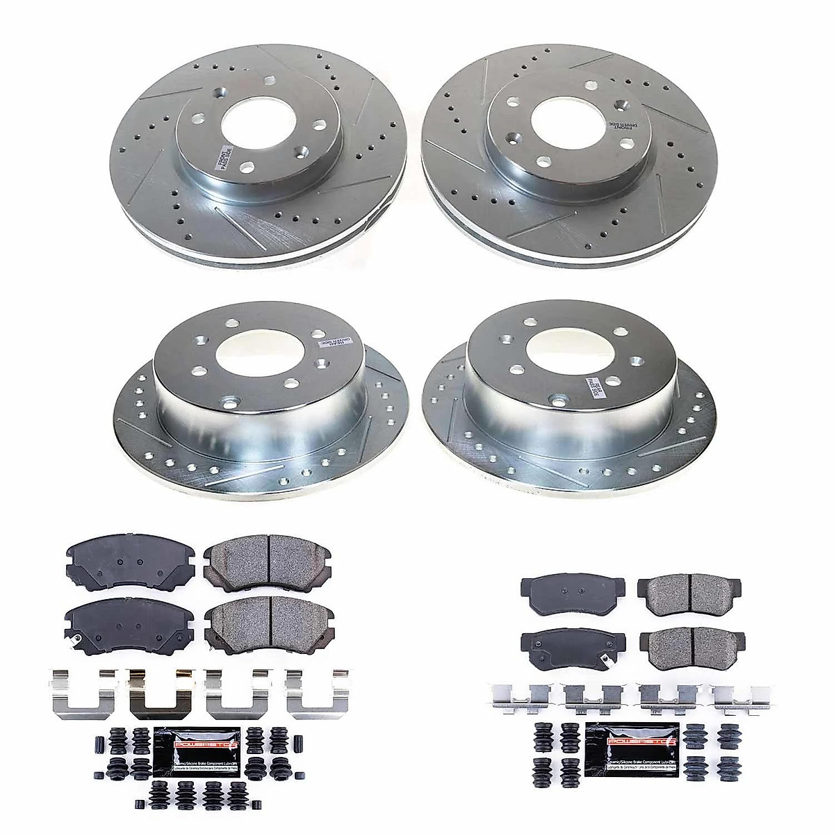 Power Stop K4445 Z23 Front and Rear Brake Kit - Drilled/Slotted Rotors & Carbon Ceramic Brake Pads For Hyundai Sonata 2003-2005 Kia Optima 2002-2006 [Vehicle Specific]