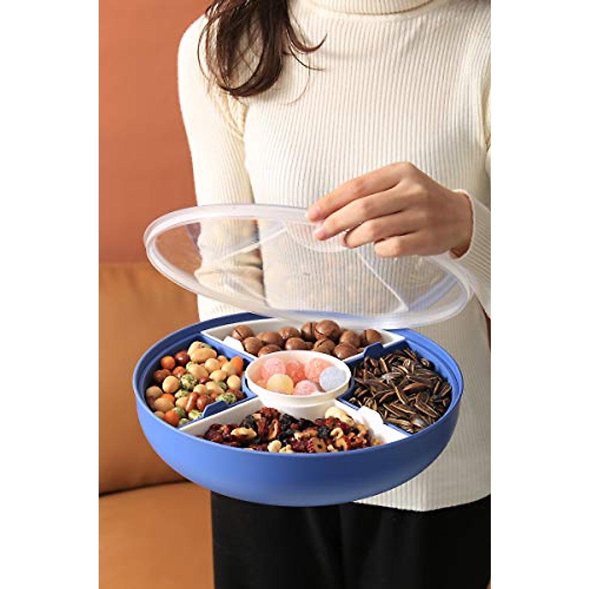 XKXKKE Divided Serving Dishes with Lid,Serving Bowls,Multifunctional Party Snack Tray for Fruits,Nuts,Candies,Crackers,Veggies Blue