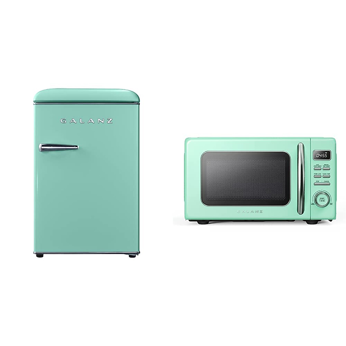 Galanz GLR25MGNR10 Retro Compact Refrigerator, Mini Fridge & GLCMKZ07GNR07 Retro Countertop Microwave Oven with Auto Cook & Reheat, Defrost, Quick Start Functions, Pull Handle.7 cu ft, Green