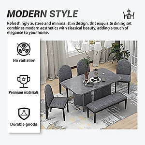 FIQHOME Se 6-Piece, Modern Style Set with Faux Marble 4 Upholstered Dining 1 Bench,Kitchen Table and Chairs for 6,Gray