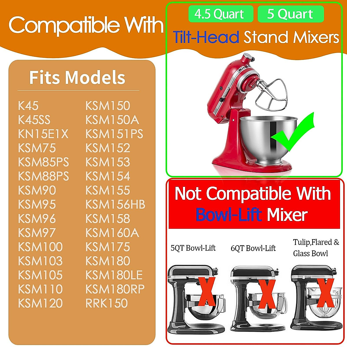 Stainless Steel Flex Edge Beater for KitchenAid Mixer, Fits Tilt-Head Stand Mixer Bowls For 4.5-5 Quart Bowls, Kitchenaid Paddle Attachment by ABTER