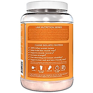 Lab Nutrition Advance Clear Isolate Protein, 100% Whey Protein Powder, Gluten Free, Zero Sugar, Keto Friendly, 25g Protein, 1.70 lb, Peach Mango Flavored - 25 Servings
