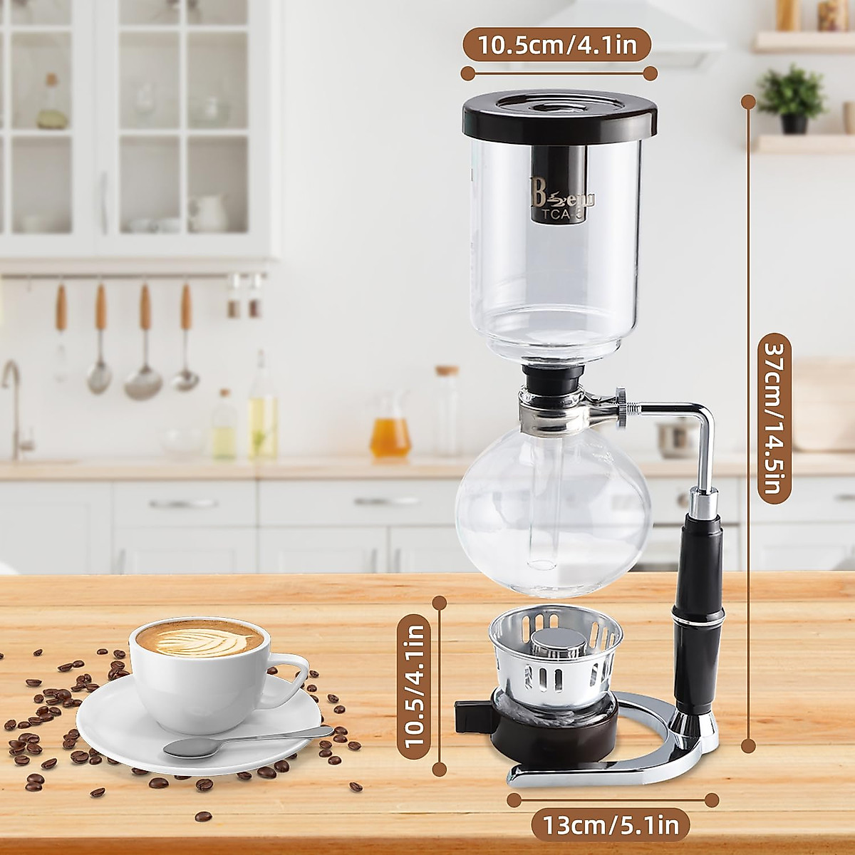 Amarine Made 5-Cup Siphon Coffee Maker, Tabletop Siphon Coffee Maker, Glass Siphon Vacuum Coffee Maker, 16 Ounce, Clear with Alcohol Burner (TCA-5)