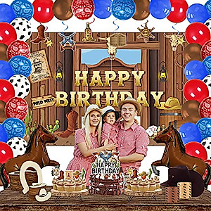 Western Cowboy Birthday Party Decorations, Cowboy Theme Party Supplies for Boys Cowgirl Baby - Backdrop, Cake and Cupcake Toppers, Latex Balloon, Foil Balloon, Hanging Swirls