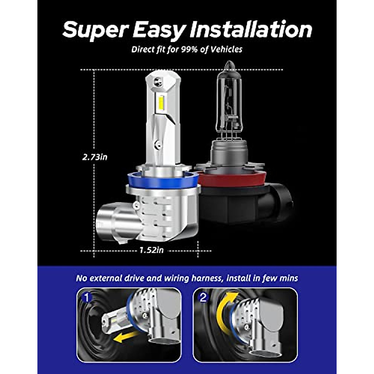 AUTOONE H11 LED Headlight Bulbs, H8/H9/H16 LED Lights Plug and Play 6000K White Fanless Mini Size Car Lights Bulb Replacements, Pack of 2