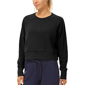 icyzone Cropped Crewneck Sweatshirt for Women, Casual Long Sleeve Pullover Tops for Spring Fall Winter (Medium, Black)