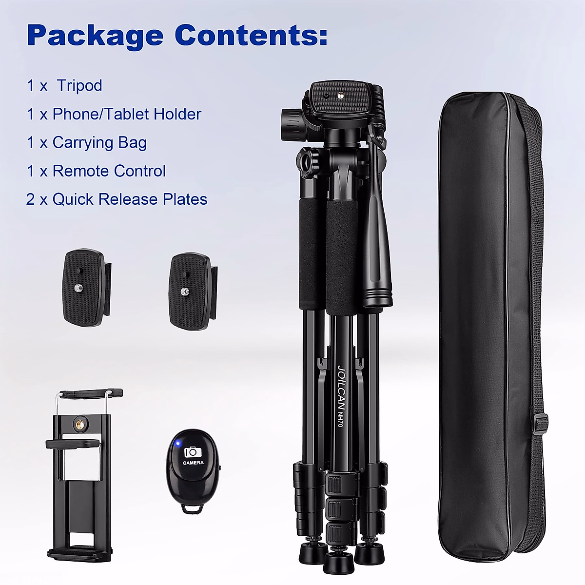 JOILCAN Camera Tripod, Heavy Duty Tripod for Camera, 67" Phone Tripod for Video Recording Photo Vlogging, Aluminum Phone Tripod with Remote & Travel Bag for DSLR Camera Phone Projectors Lasers