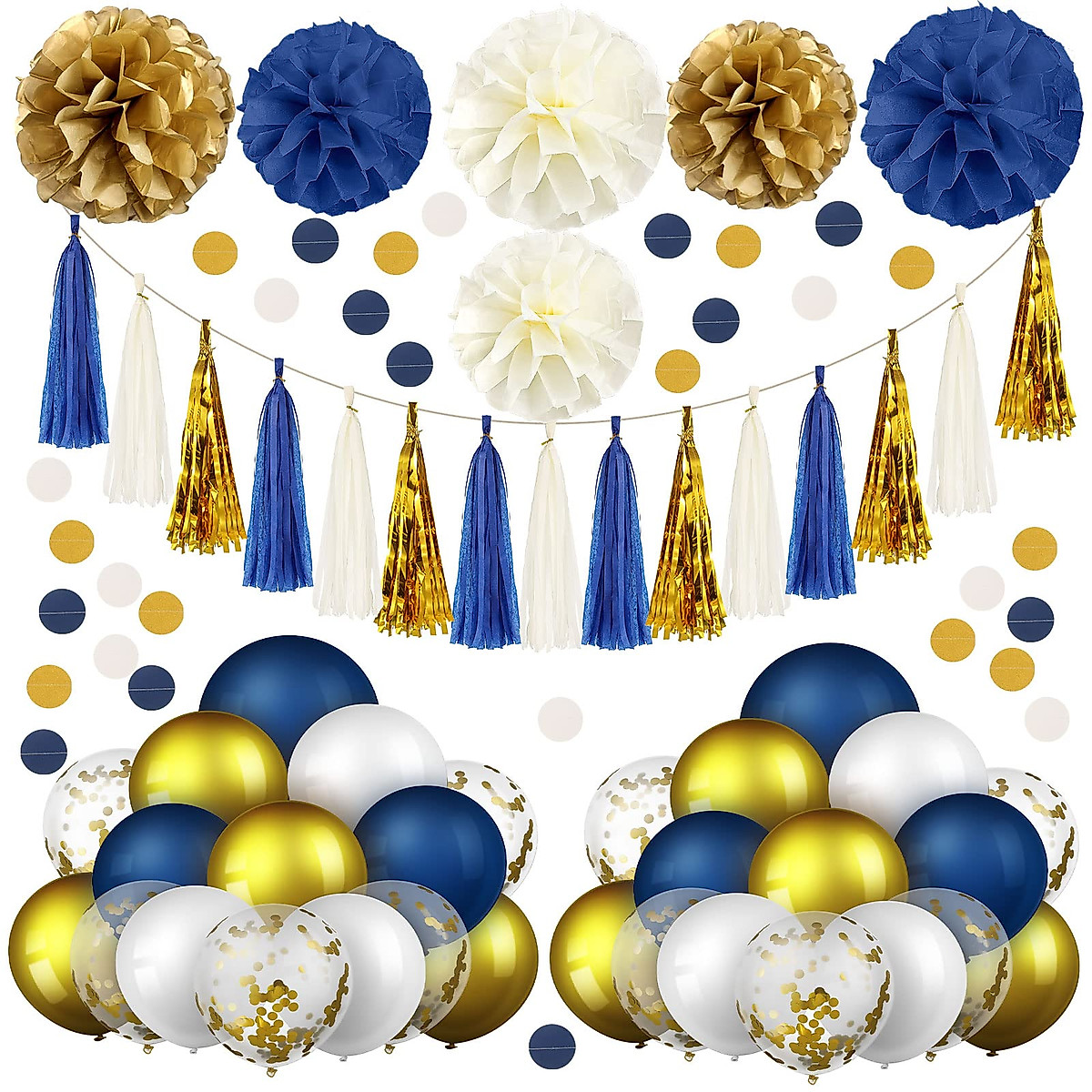 74 Pieces Navy Blue Gold Party Decoration for Graduation Includes Tissue Paper Pom Pom Flower Gold and Navy Balloon Circle Banner Tassel Garland Birthday Bridal Shower Wedding Party