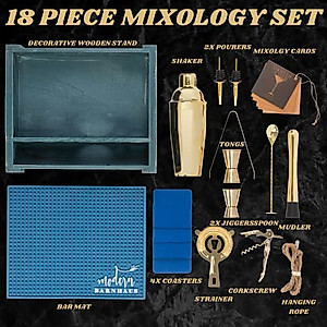 Premium 18pc Gold Bartender Set with Stand: Home Bar Accessories, Bar Cart Decor, Gold Home Decor, Bar Tool/Shaker Set, Drink Mixing Set, Gold Bartender Kit