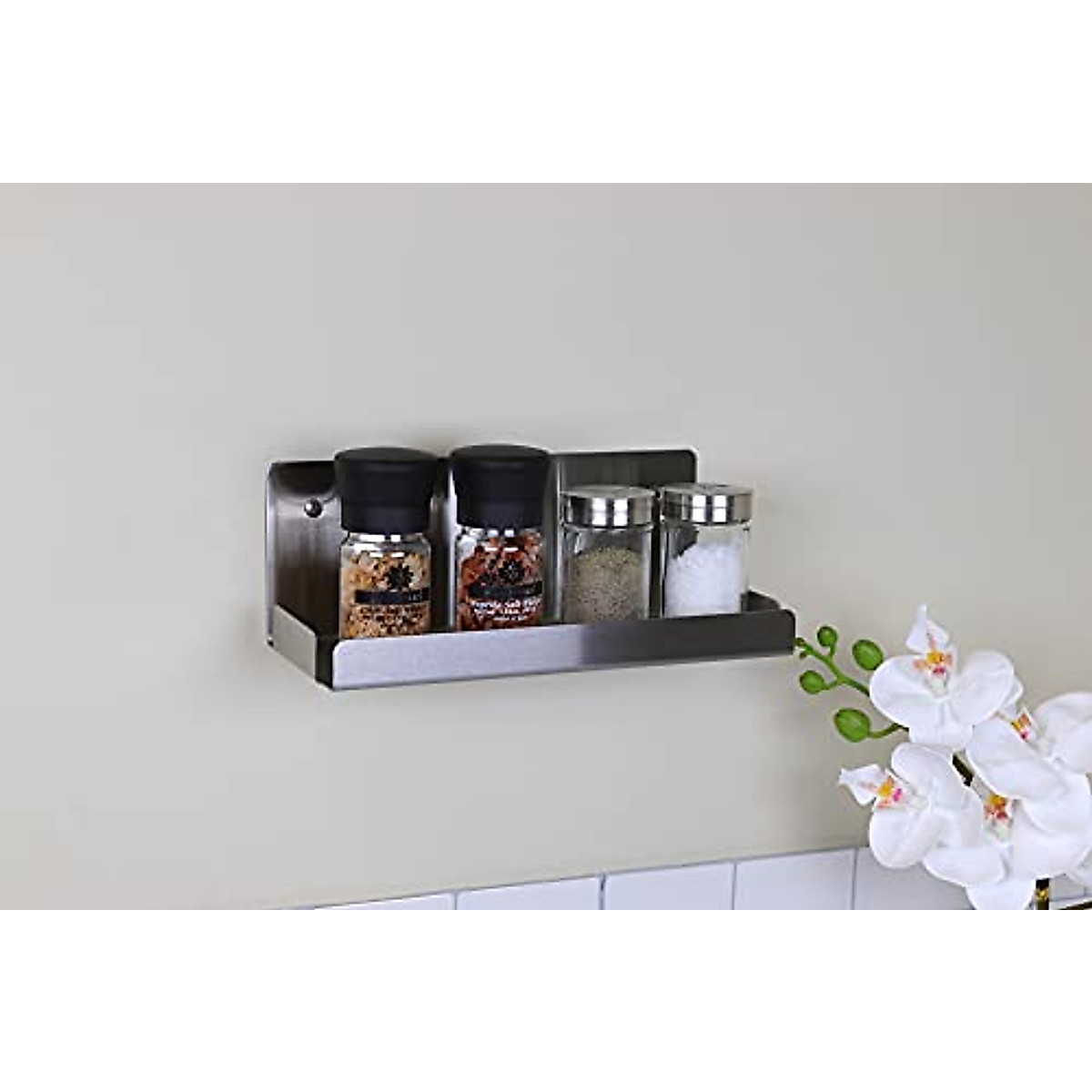 Deco Gables Designs 4 Modern Brushed Stainless Steel Spice Racks Floating Wall Shelf Hanging Durable Polished Solid Metal for Home Kitchen Dining Room with Mounting Hardware 10 Inches Wide Set of 4