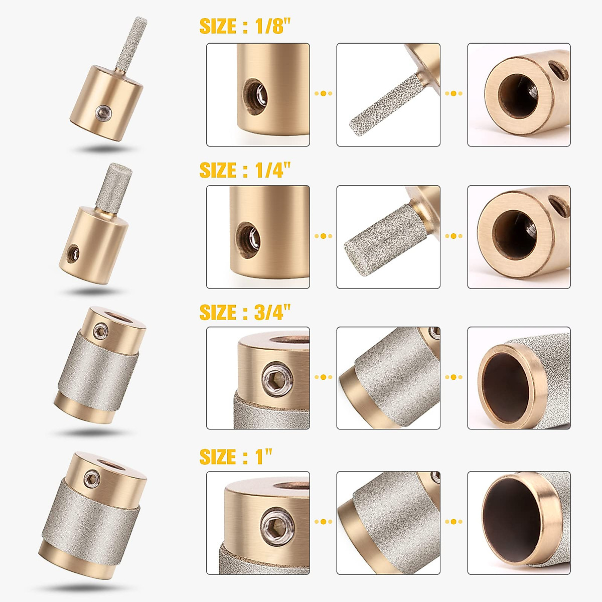 1 3/4 1/4 1/8 Inch Stained Glass Diamond Grinder Bit Head Tools 4 Sizes Brass Core Stained Glass Grinder Bits & Diamond Grinder Bit Head Tools, Stain Glass Tools and Supplies for Stained Glass
