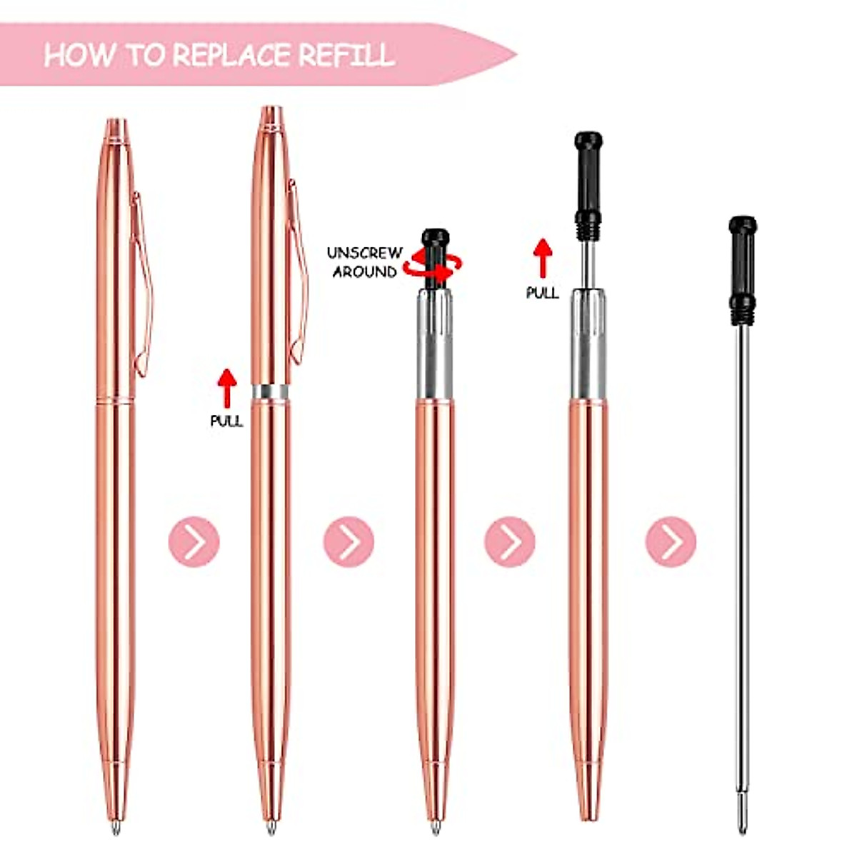 LONGKEY 3 Pack Slim Gold Ballpoint Pens Black Ink 1 mm, Great Gift for Business Office Students Teachers Wedding Christmas (Rose Gold)