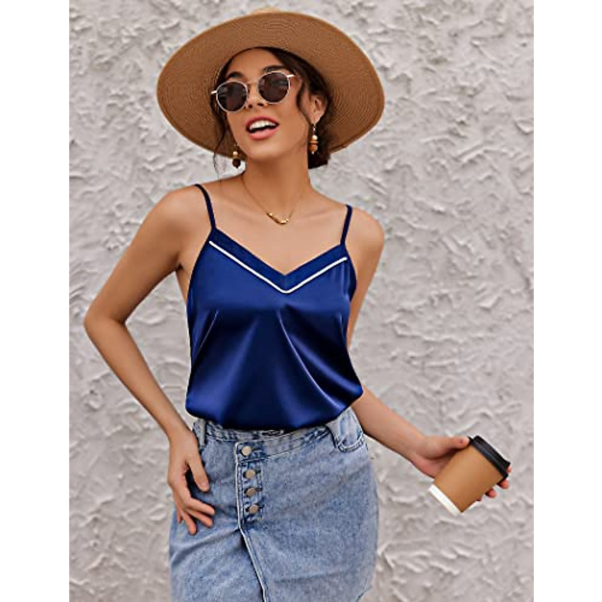 Ekouaer Cami Sleep Set Women's Premium Satin Sleepwear Casual Two Piece Pajamas Pjs Shorts Set Bridal Wedding Night (Navy,L)