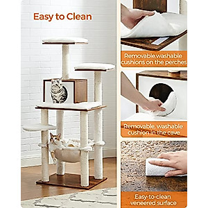 Feandrea WoodyWonders Cat Tree, Modern Cat Tower for Indoor Cats, 54.3-Inch Multi-Level Cat Condo, Ultra-Soft Plush, Scratching Posts, Hammock, Removable, Washable Cushions, Rustic Brown UPCT164X01
