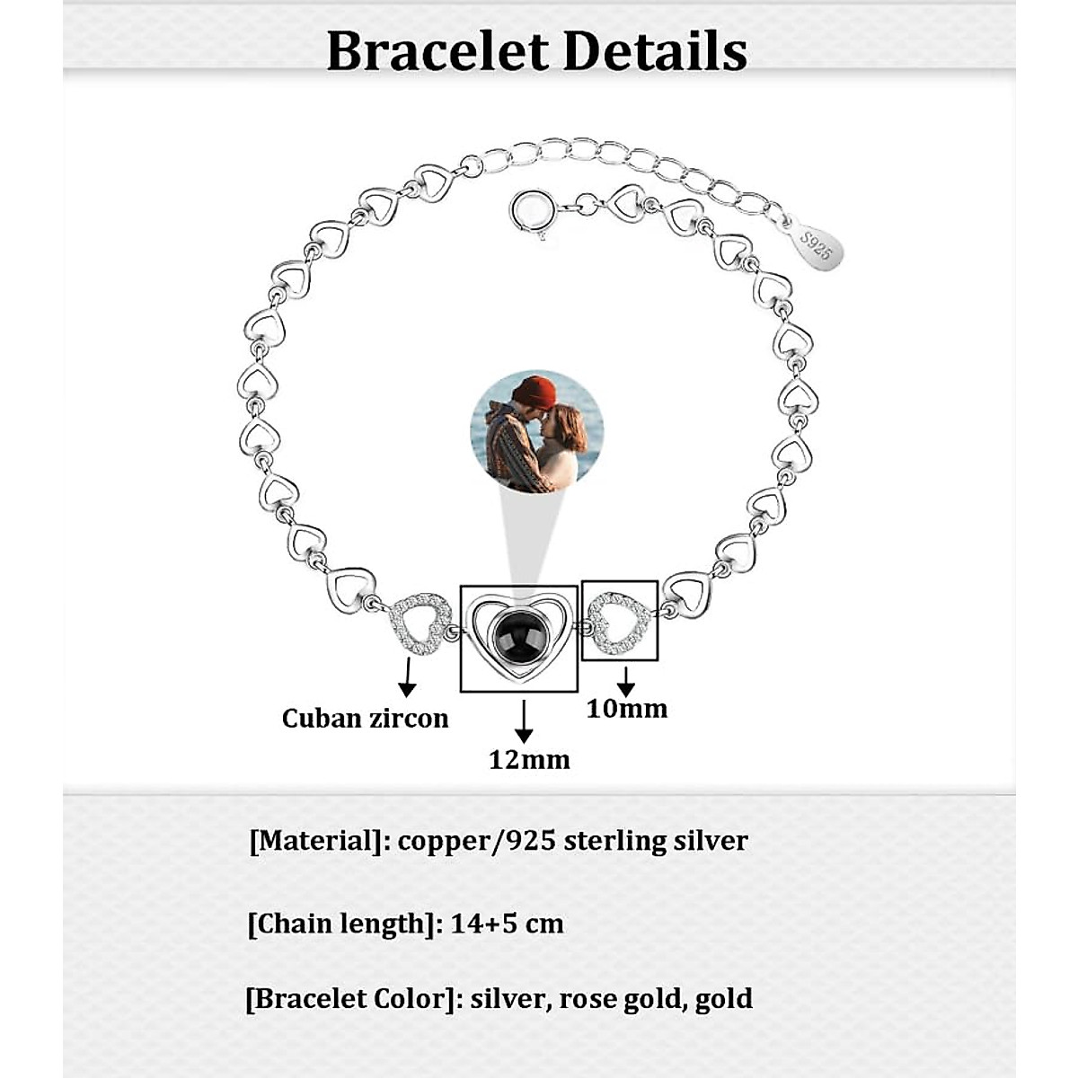 Aina Lighting Personalized Photo Projection Bracelet Custom Bracelet with Picture Inside I Love You Bracelet 100 Languages 925 Sterling Silver Heart Pendent Memorial Jewelry Gift for Women, 14+5cm