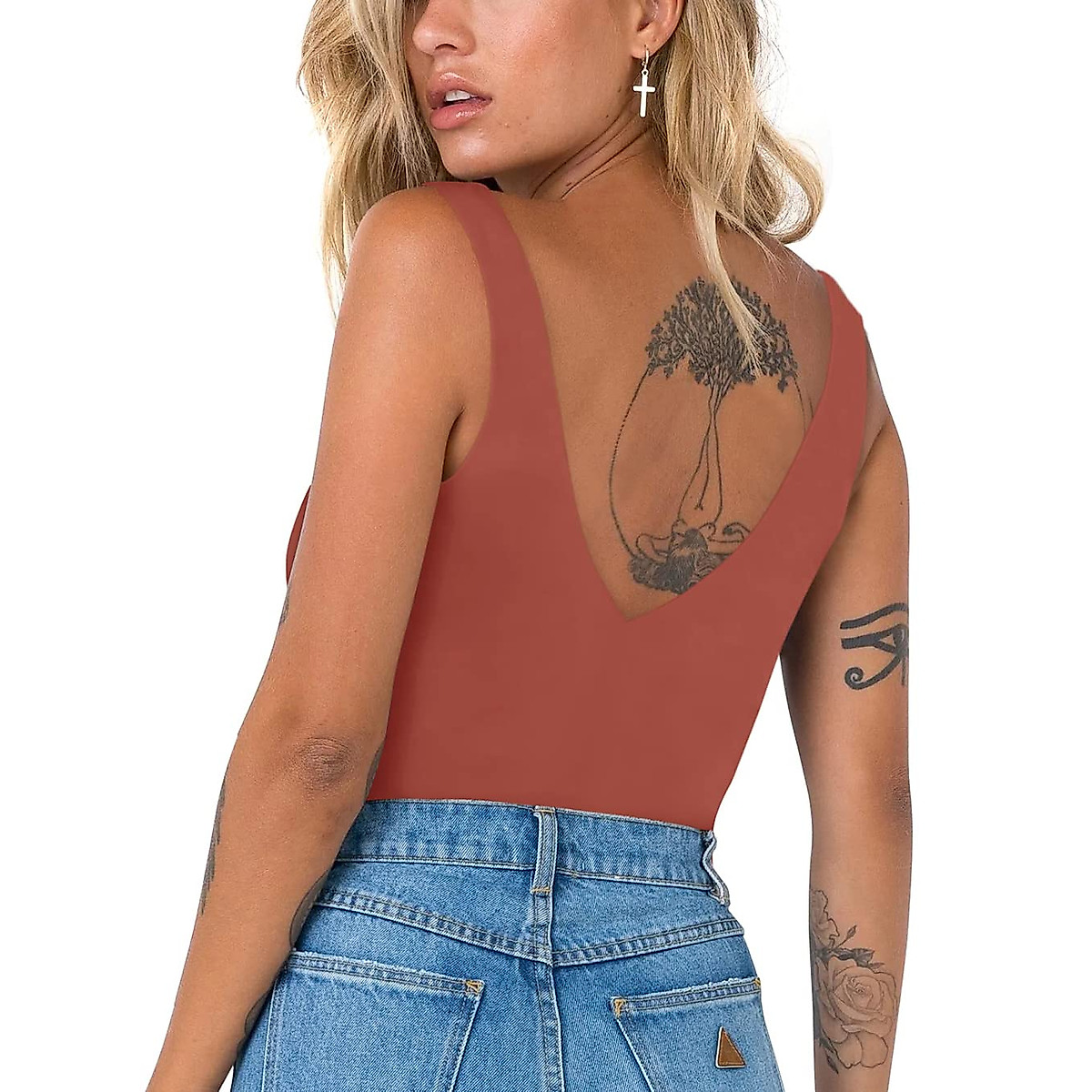 REORIA Women's Summer Sexy Plunge Deep V Neck Sleeveless Double Lined One Piece Tank Tops Thong Bodysuits Leotards For Going Out Rusty Red Small