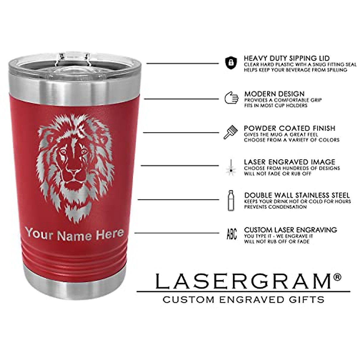 LaserGram 16oz Vacuum Insulated Pint Tumbler, Indian Elephant, Personalized Engraving Included (Maroon)