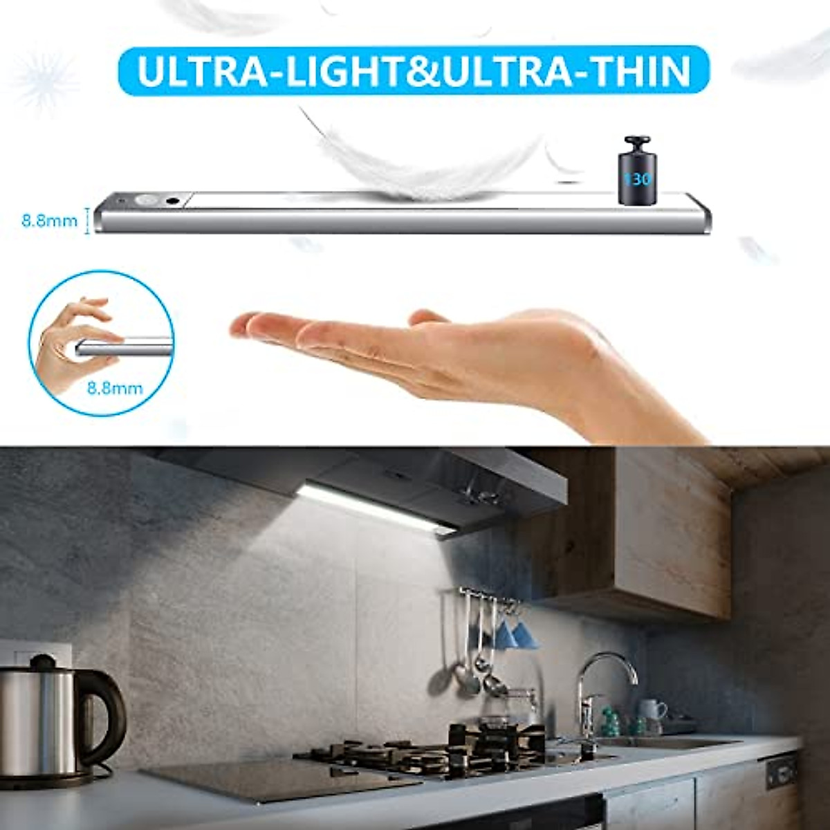 pinci Under Counter Closet Lighting,Rechargeable Motion Sensor Cabinet Light Indoor,Wireless Battery Powered Operated Light 126 LED Night Lights for Wardrobe,Kitchen,Hallway