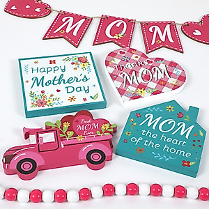 Mother's Day Centerpiece Table Decorations Happy Mother's Day Party Centerpieces Wooden Table Signs Thank You Mom Tiered Tray Decor Flower Heart Mom Party Supplies for Mother's Gift