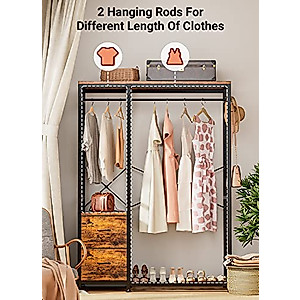 Lulive Clothes Rack, Heavy Duty Garment Rack for Hanging Clothes, Industrial Clothing Racks with Shelves, 2 Fabric Drawers, 4 Hooks, 2 Hanging Rods, Freestanding Closet Organizer, Rustic Brown