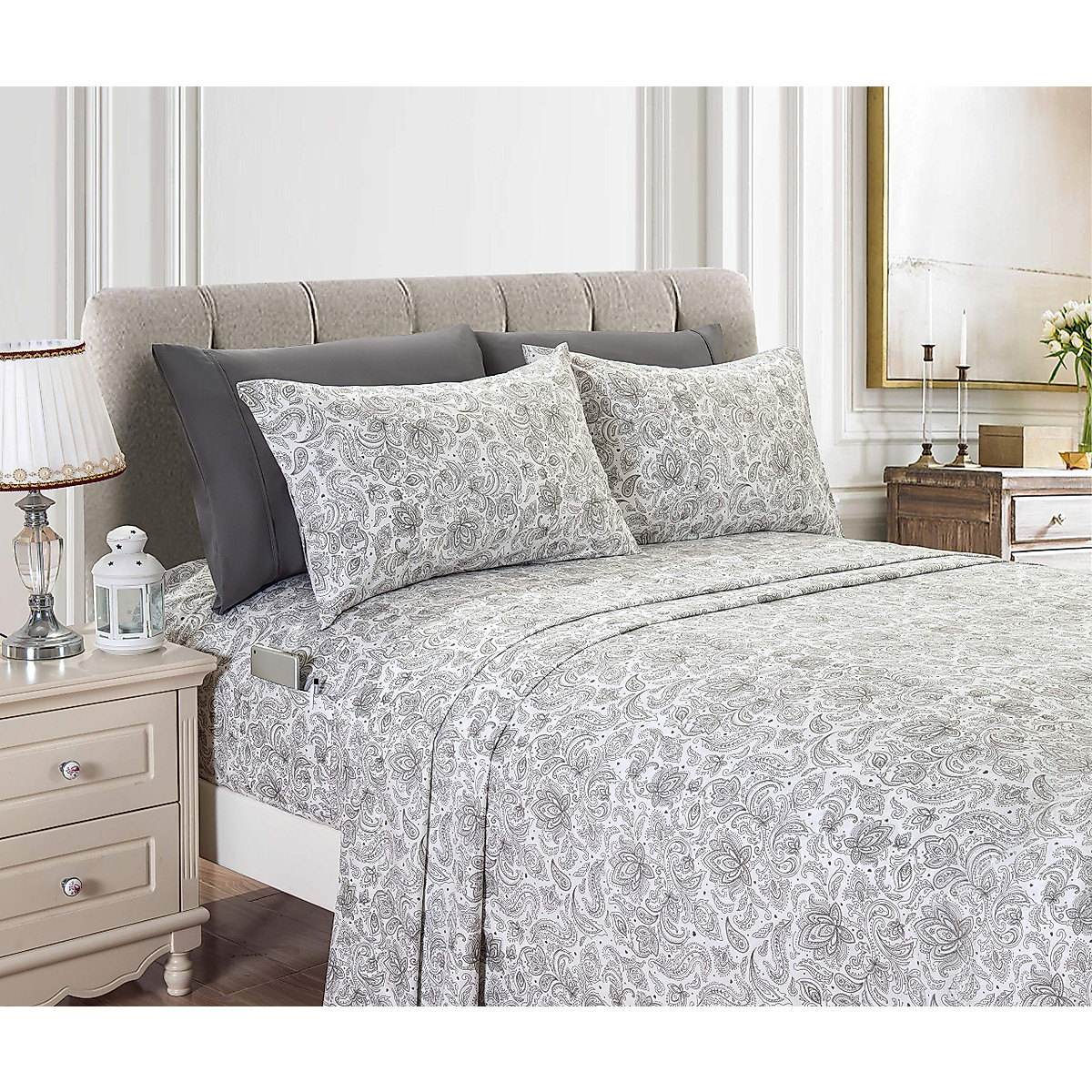 Elegant Comfort Luxury Soft Bed Sheets Paisley Pattern - 1500 Premium Hotel Quality Microfiber Softness Wrinkle and Fade Resistant (6-Piece) Bedding Set, Full, Grey