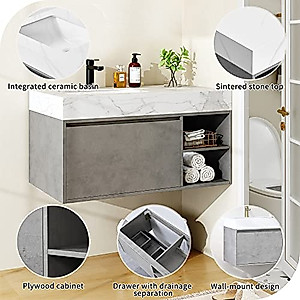 HERNEST 36 Inch Floating Bathroom Vanity Wall Mounted Bathroom Cabinet with Slate Tabletop, Ceramic Basin Sink and Storage Drawer Grey Small Floating Vanity Bathroom for Washroom