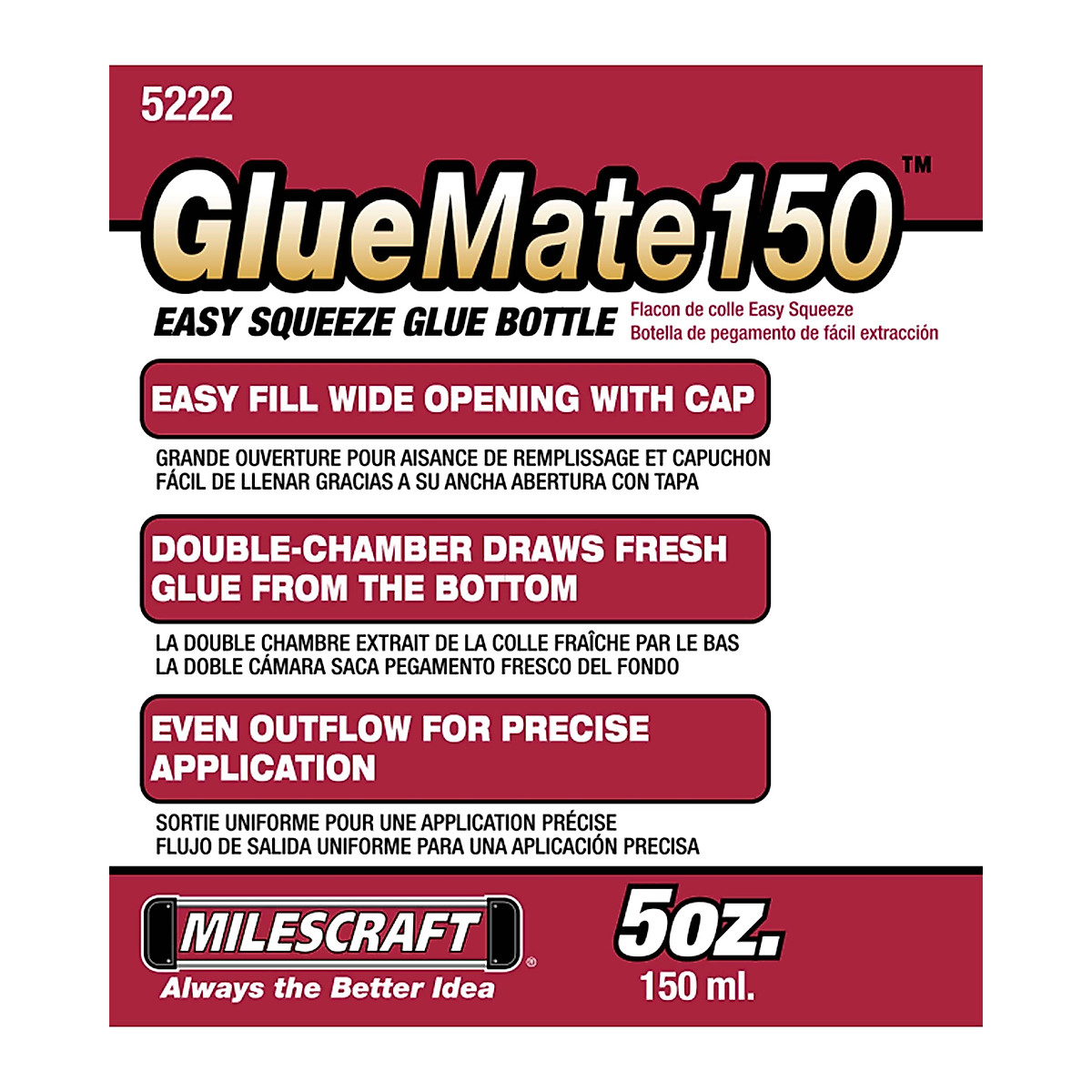 Milescraft 5222 Glue Mate 150-5oz. (150ml) Precision Wood Glue Bottle - Anti-Drip - Dowel and Biscuit Tips Included - Easy Flow Multi-Chamber Design - Ideal for Woodworking