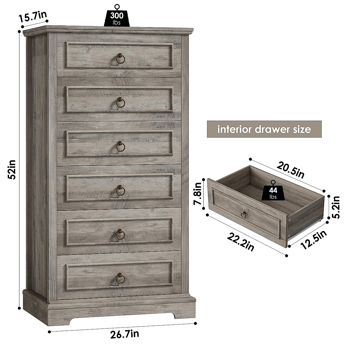HOSTACK 6 Drawers Dresser, 52" Tall Dresser, Vertical 6 Drawer Dresser, Modern Farmhouse Chest of Drawers, Wood Closet Dresser Storage Dresser Chest for Living Room, Hallway, Entryway, Ash Grey