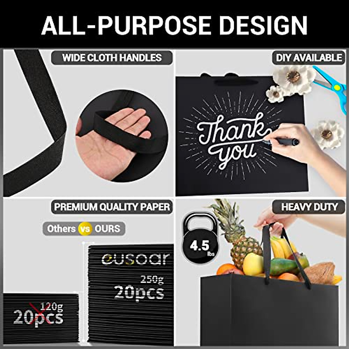 EUSOAR Black Shopping Bags with Handles, 20 Pack 8.6" x3.9" x7" Mini Kraft Paper Gift Wrap Bags with Handles, for Business, Grocery, Boutique, Retail, Wedding, Party Favors, Birthdays