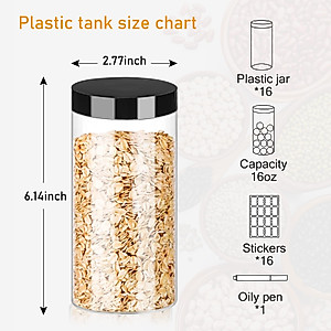 Hajoyful Plastic Jars with Lids 16OZ 16PCS Small Empty Slime Cosmetics Containers Clear Gift Food Jars Round PET Cream Jars with Black Lids Pen Labels for Kitchen Storage Spices Dry Food Butter