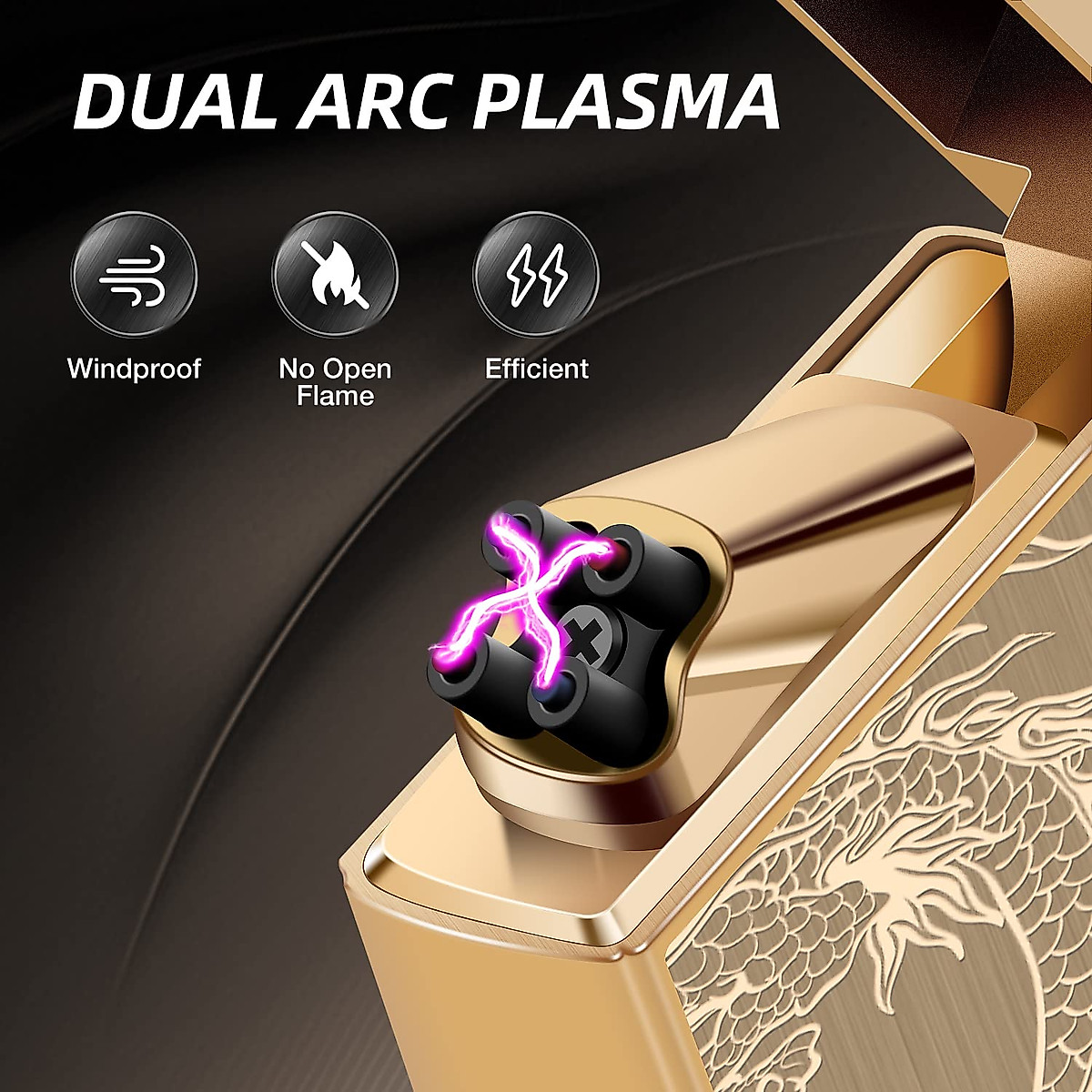 LcFun Electric USB Rechargeable Lighter, Windproof Plasma Dual Arc Lighter, Electronic Flameless Cool Lighters Gifts for Men Fathers Husband (Gold Dragon)