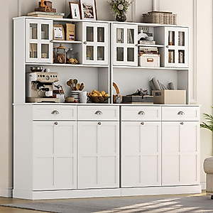 Double Tilt Out Trash Can Cabinet, 68" Tall Kitchen Pantry Storage Cabinet with 2 Drawers & Hutch & Microwave Coffee Stand, Freestanding 20 Gallon Trash Recycling Cabinet, Hidden Garbage Can Cabinet