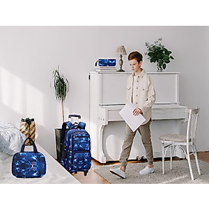 Egchescebo 18" School Kids Rolling Backpack for Boys With Wheels Trolley Wheeled Backpacks for Boys Students Travel Bags Adults Backpack With Lunch Box Pencil Bag 3PCS Blue