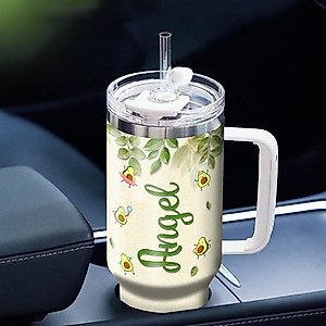 WAZONE Personalized Avocado Tumbler Cup With Lid Custom Name Tumbler 40oz with Handle and Straw Travel Mug Cute Exercise Yoga Cups With Funny Sayings Gift For Fitness Enthusiast Women Girls