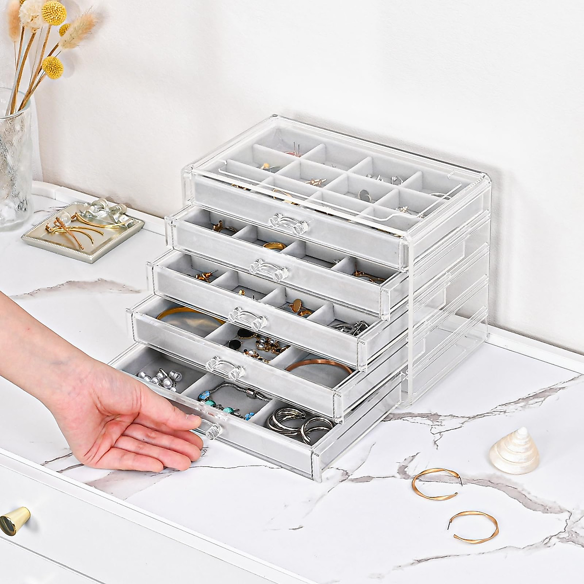 ProCase Earring Holder Organizer Jewelry Box with 5 Drawers, Acrylic Clear Earring Case with Adjustable Velvet Trays for Women - Grey, 5 Layers