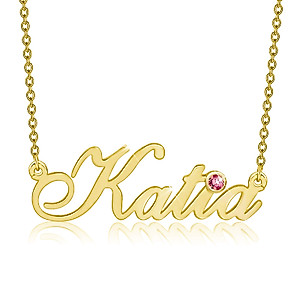 MRENITE 10k 14k 18k Solid Yellow Gold Personalized Name Necklace with Birthstone – Small Dainty Nameplate Jewelry - Custom Any Name Gift for Women Daughter Wife