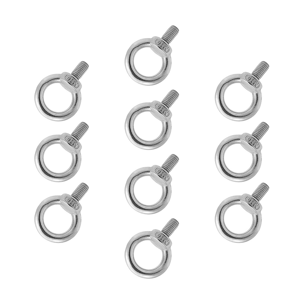 MroMax 10Pcs M10 Lifting Eye Bolts 304 Stainless Steel Male Thread Ring Shaped Metric Eyebolt Fastener for Engineering Lifting Machinery Silver Tone