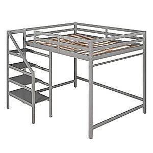 Full Loft Bed with Stairs, Wooden Loft Bed Frame with Storage and Hanger for Clothes (Full Size, Gray)