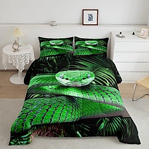 Snake Comforter Set Twin, Green Snake Duvet Insert, 3D Reptile Bedding Comforters, Green Scales Wild Animal Quilt Set Rainforest Palm Leaf Stylish Quilted Duvet For Kids Boys Teens Man Bedroom Decor