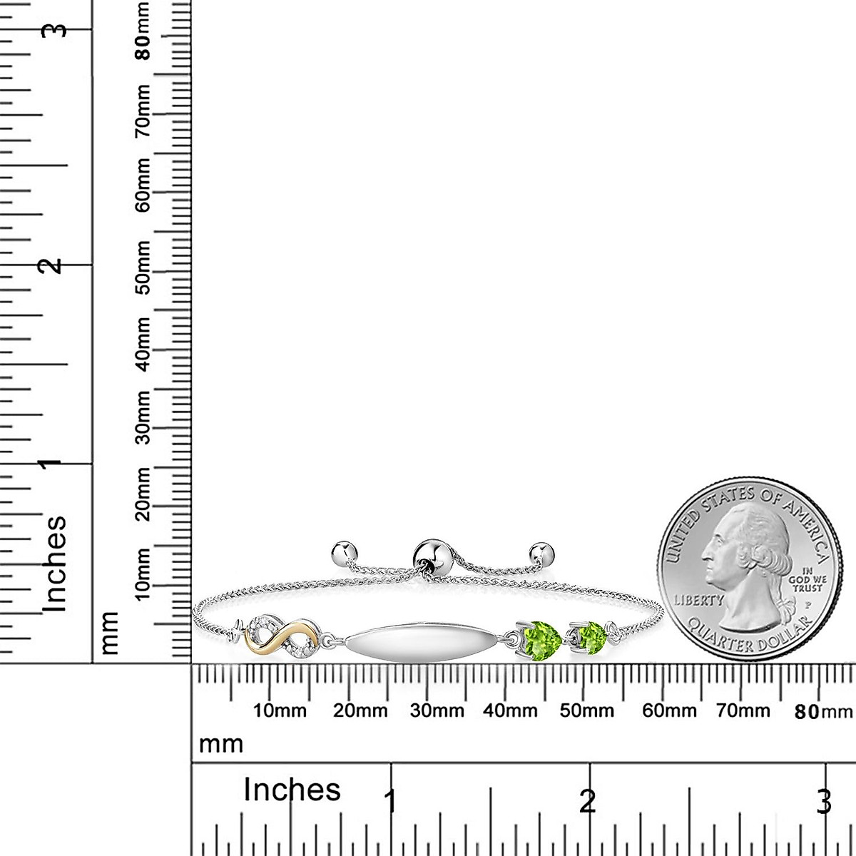 Gem Stone King 925 Silver and 10K Yellow Gold Infinity Lab Grown Diamond Engraved Initial ID Tennis Bracelet for Women Heart Shape Green Peridot (0.82 cttw, Fully Adjustable Up to 9 Inch)
