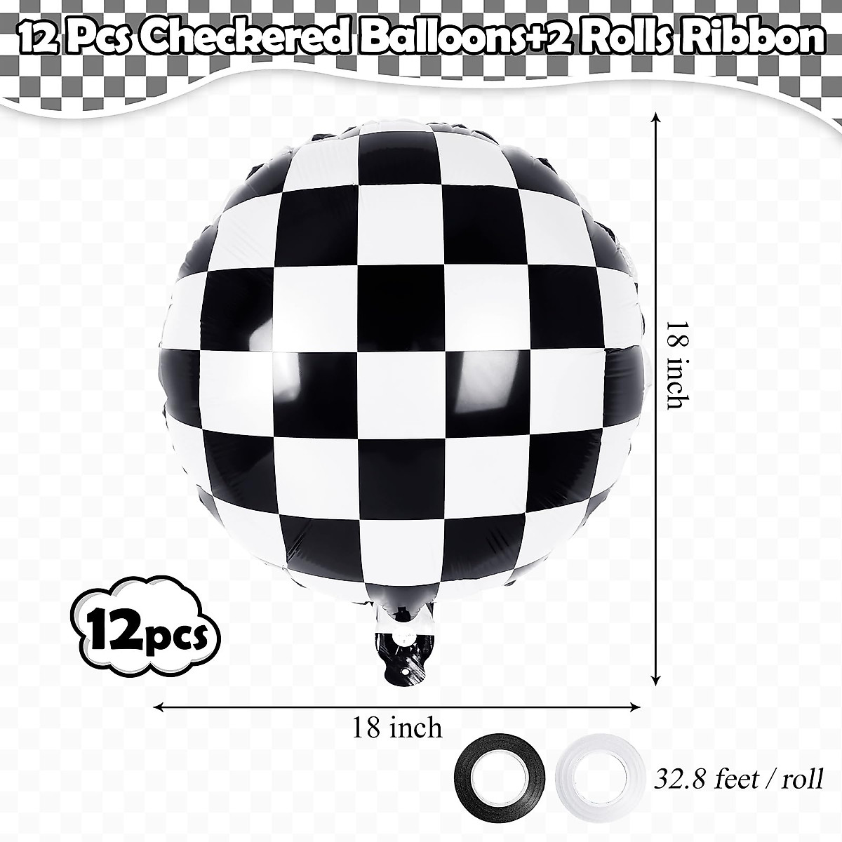 Checkered Balloons, 12 Pcs Checkered Racing Foil Balloons, 18 Inch Black and White Checkerboard Mylar Balloons for Race Car Birthday Party Supplies Decoration