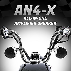 GoHawk AN4-X All-in-One Built-in Amplifier 4.5" Full Range Waterproof Bluetooth Motorcycle Stereo Speakers Audio Amp System, 1 to 1-1/4" Ape-Hanger Handlebar Harley Custom Touring Cruiser Chrome