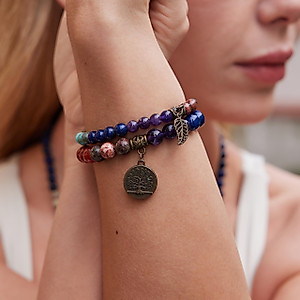 Bivei Natural Semi Precious Gemstone Beads Bracelet for Women - Life Tree and Leaf Charm Chakra Energy Healing Anxiety Stretch Bracelets(7 chakras Beads)