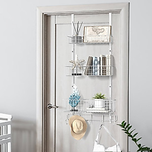 CADUKE Over The Door Organizer Hanger with Basket Hanger Door Towel Rack with 5 Hooks Back of Door Storage Organizer Behind Door Hooks Hanger Shelf for Bathroom, Kitchen, Office, White