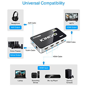 Kinivo HDMI Switch with Audio Extractor 360BNT (3 in one out, Toslink Optical Audio Port, SPDIF, 4K 60Hz, High Speed 18Gbps, IR Remote) - Compatible with Roku, PS5, Xbox, Apple TV, Dolby Digital/Atmos